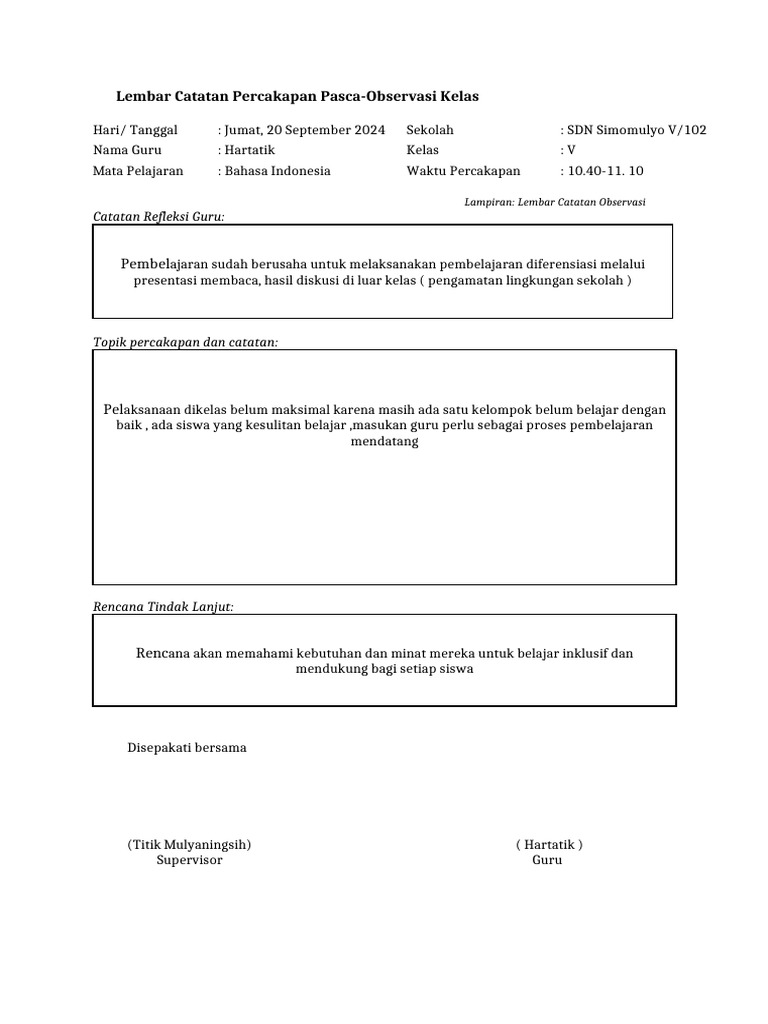 3 - Lembar Catatan Percakapan Pasca-Observasi Kelas | PDF