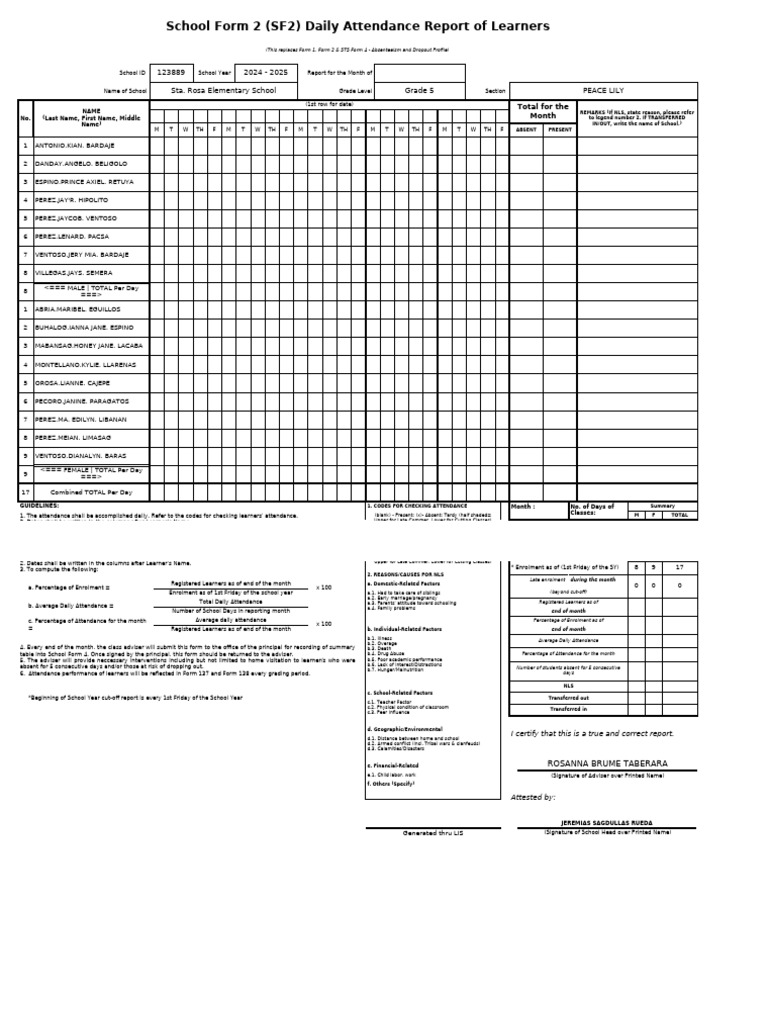 SF2 - 2024 - Grade 5 PEACE LILY 1 | PDF