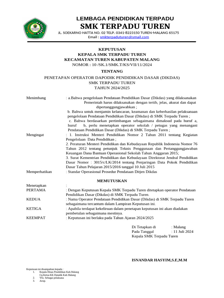 Contoh SK Operator Sekolah | PDF