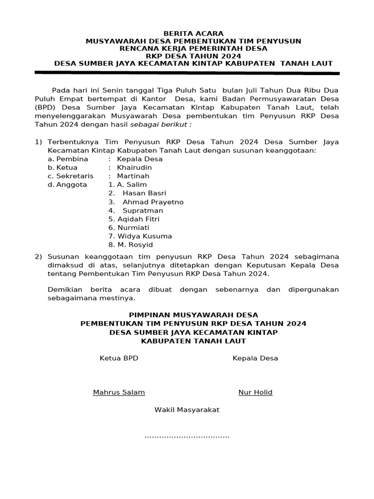 Daftar Hadir Dan Ba. Pembentukan Tim Penyusun RKP Desa 2024 | PDF