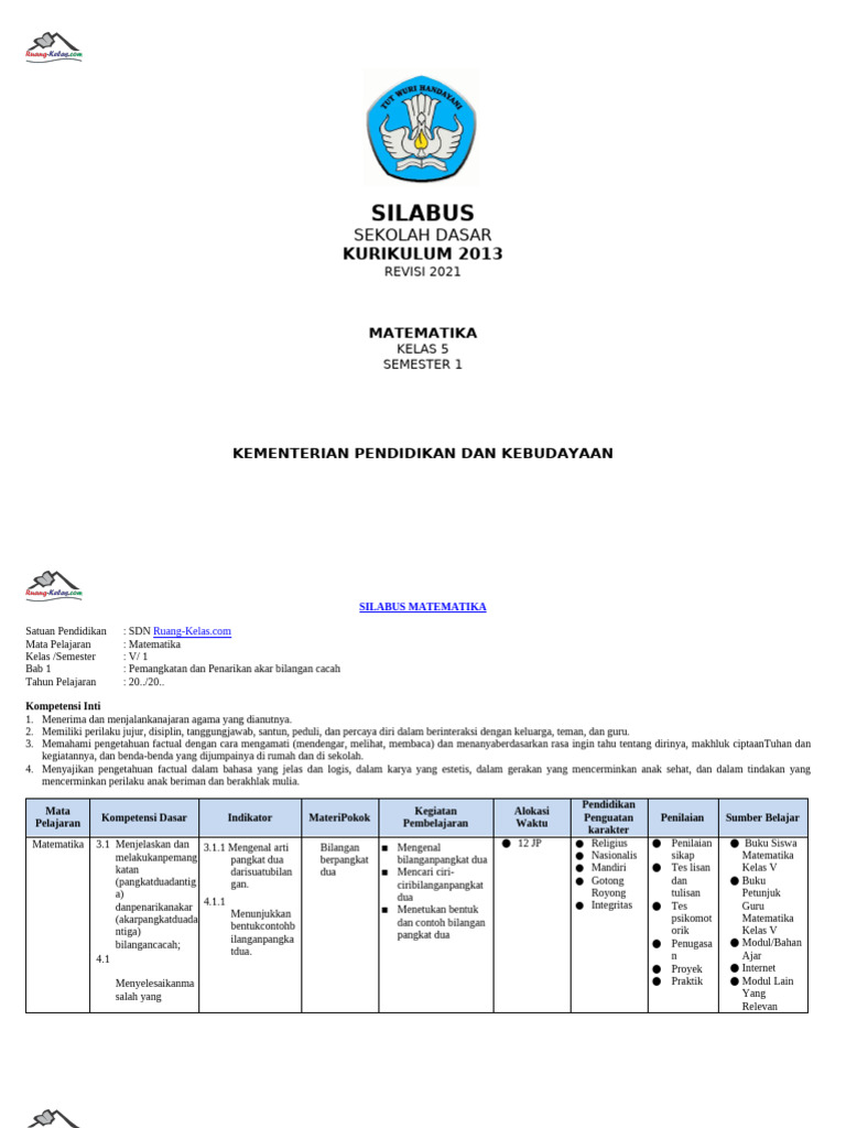 Silabus Kelas 5 Matematika Semester 1 | PDF