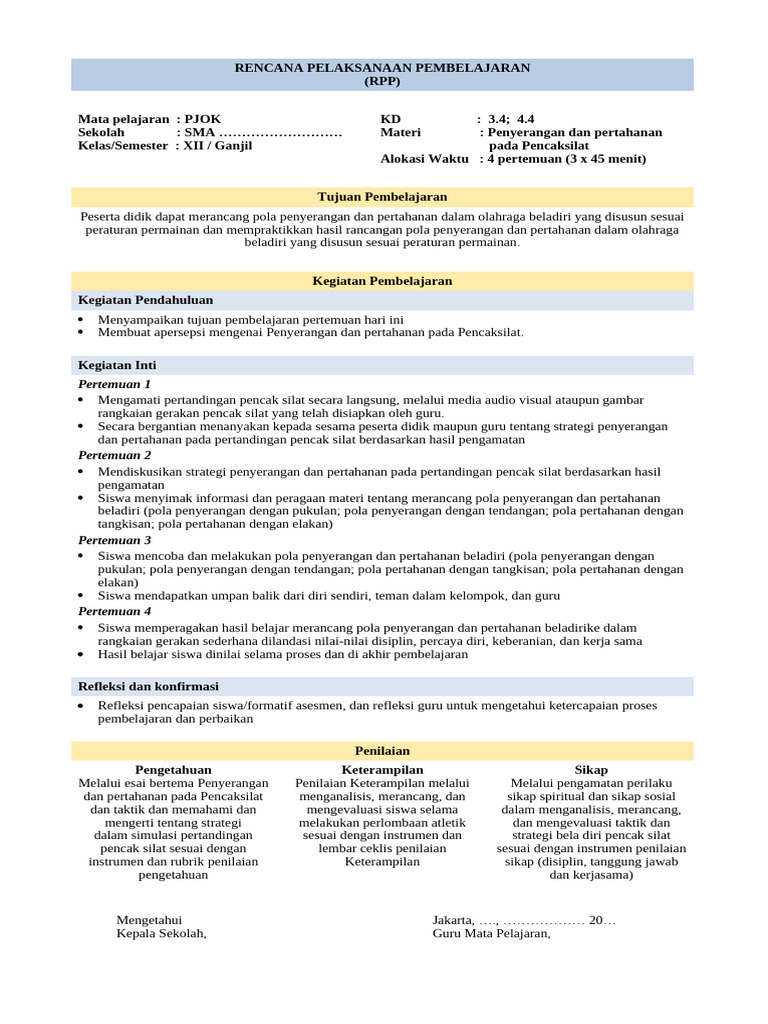 RPP 4 - Aktivitas Pembelajaran Beladiri Melalui Pencak Silat | PDF