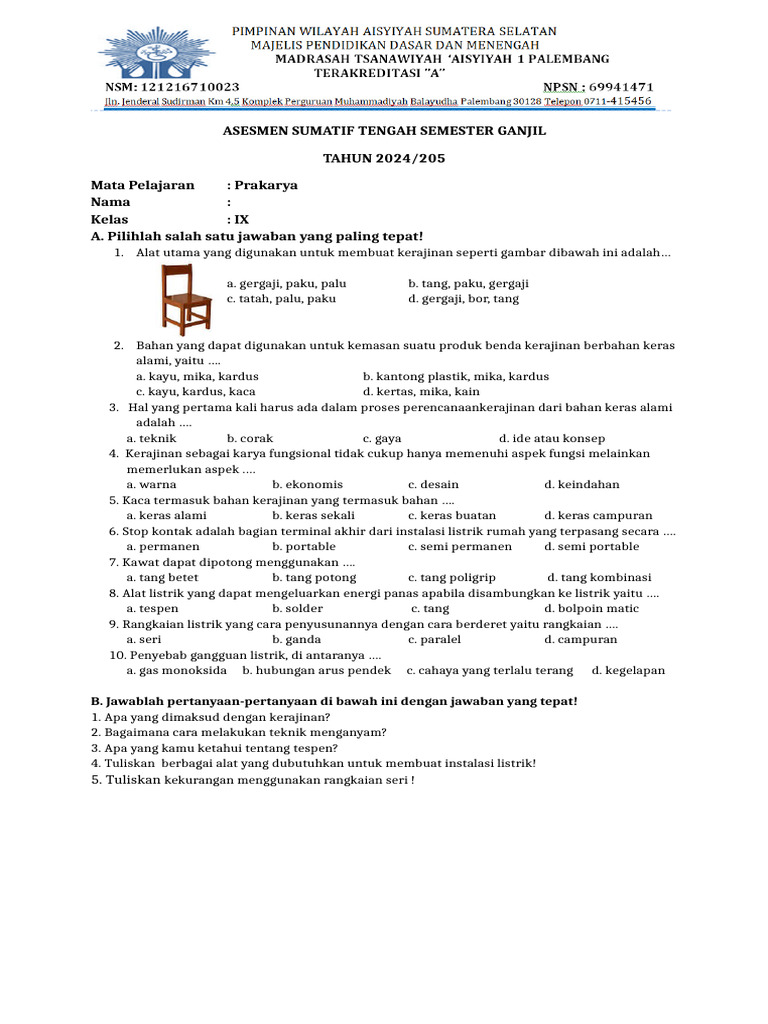 ASESMEN SUMATIF TENGAH SEMESTER GANJIL PRAKARYA | PDF