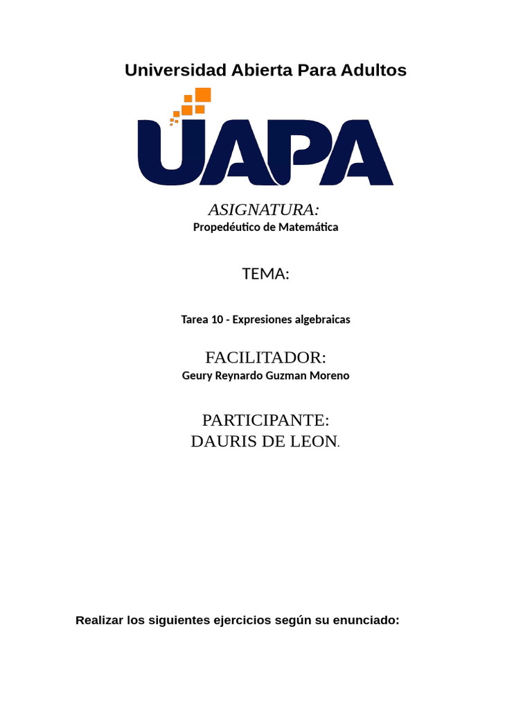 Tarea 10 Expresiones Algebraicas | PDF
