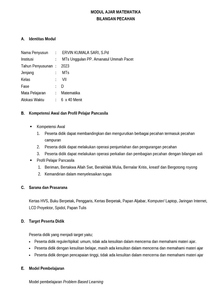 Modul Ajar Matematika Ervin - 1 | PDF