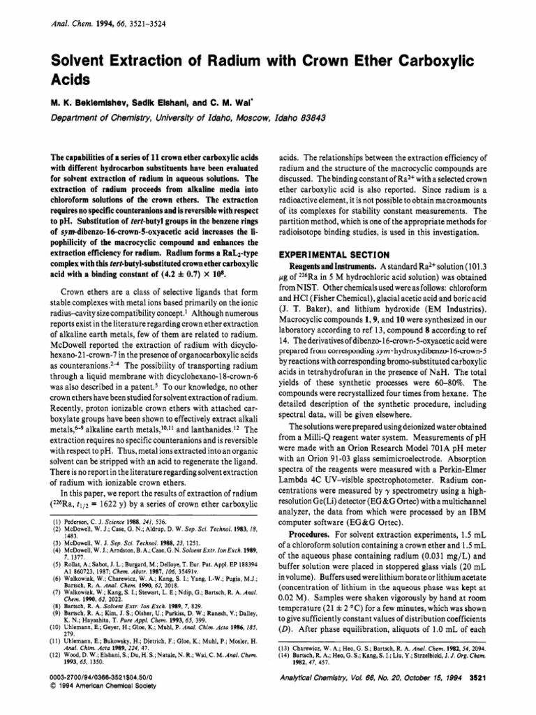 Beklemishev Et Al 2002 Solvent Extraction of Radium With Crown Ether ...