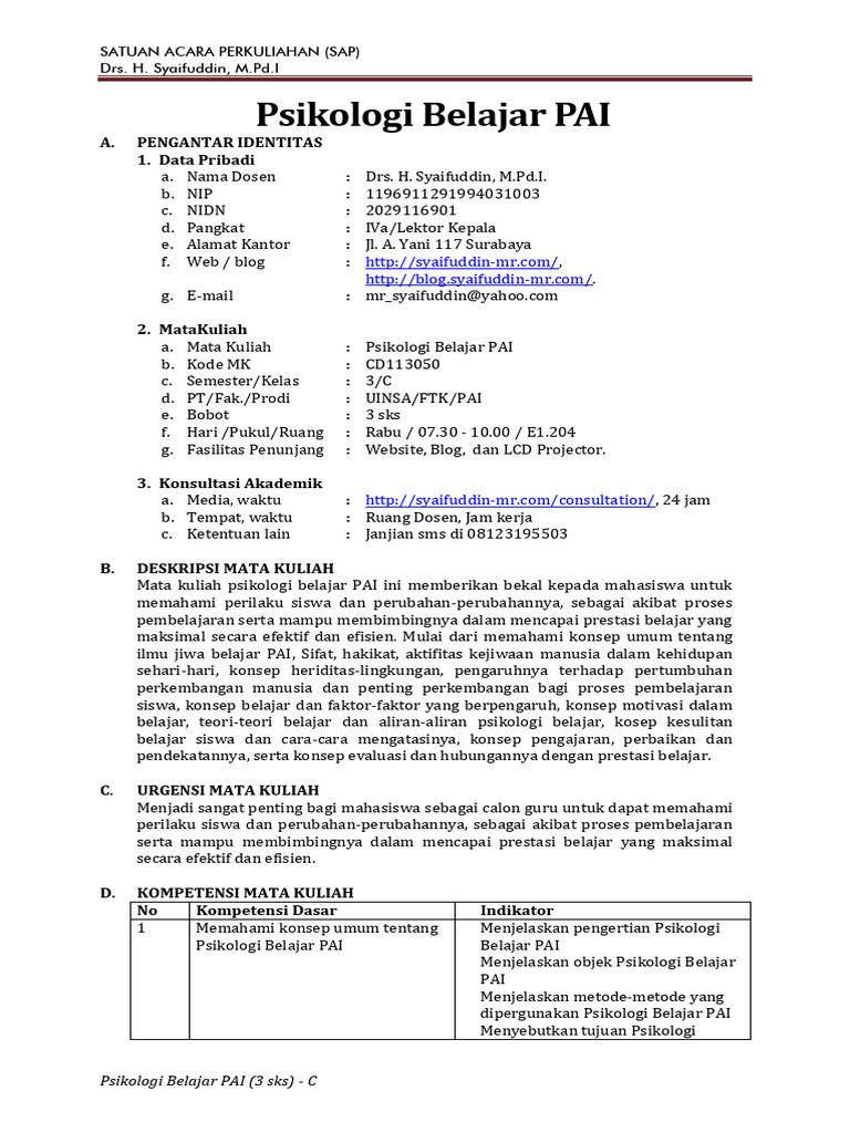 Psikologi Belajar PAI 3 Sks C 2016 | PDF | Psychology | Behavioural Sciences