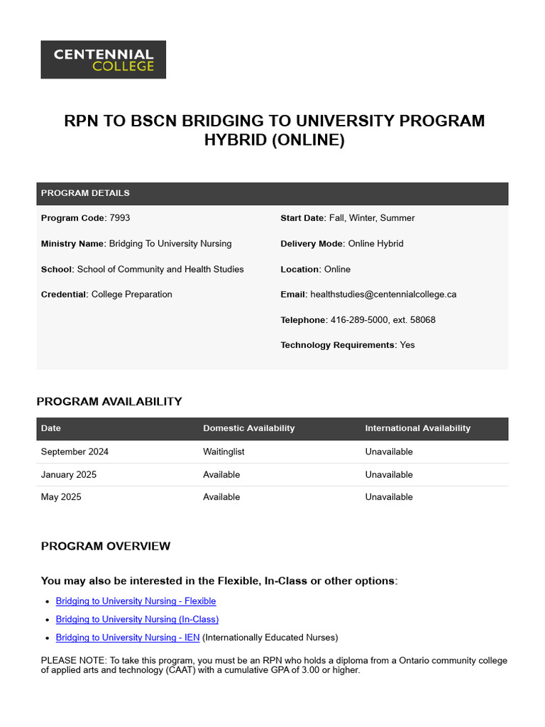 RPN To BSCN Bridging To University Program Hybrid (Online) - Centennial College | PDF
