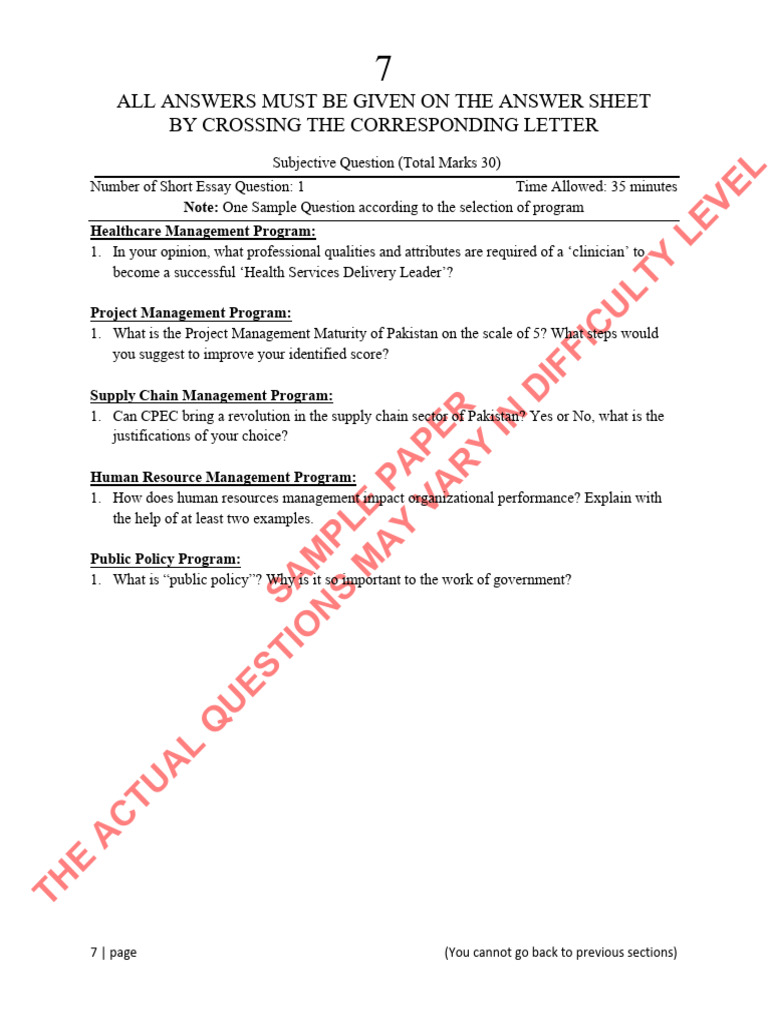 PGD Sample Paper Sample20 7 | PDF | Business