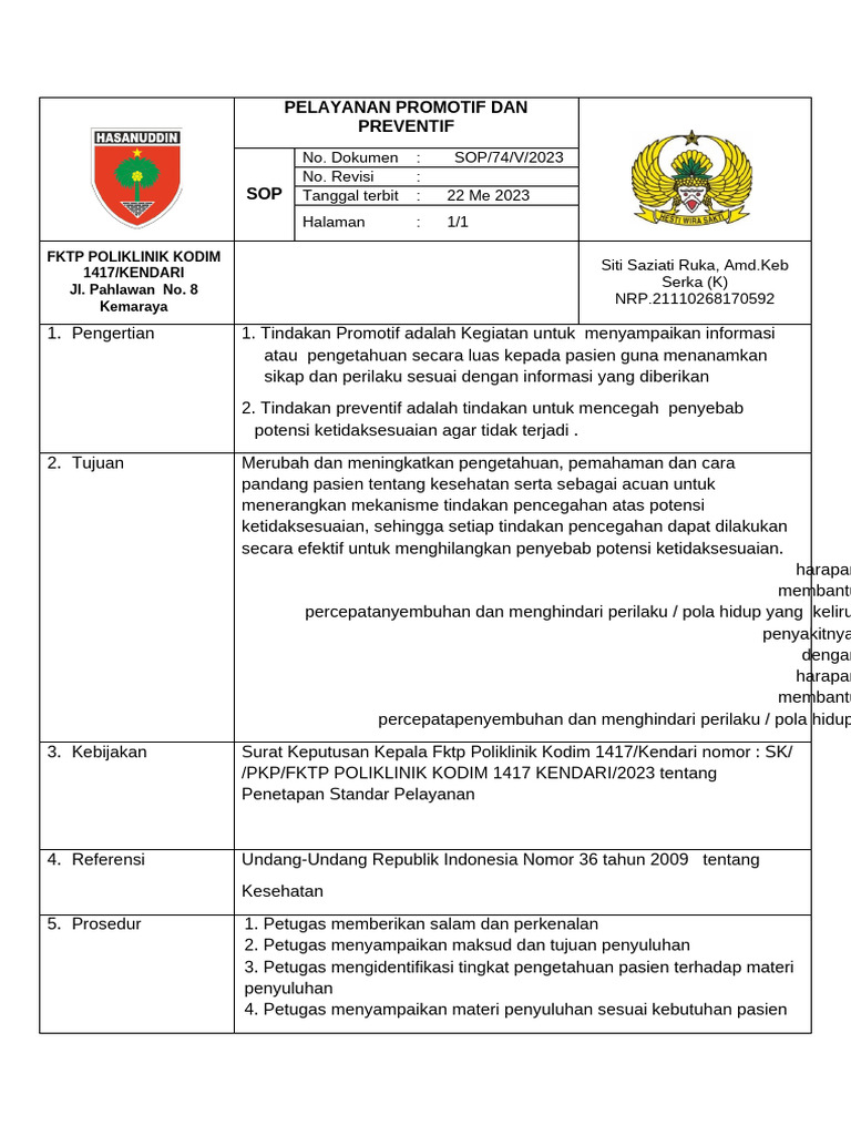 EP 1 SOP Pelayanan Promotif Dan Preventif | PDF