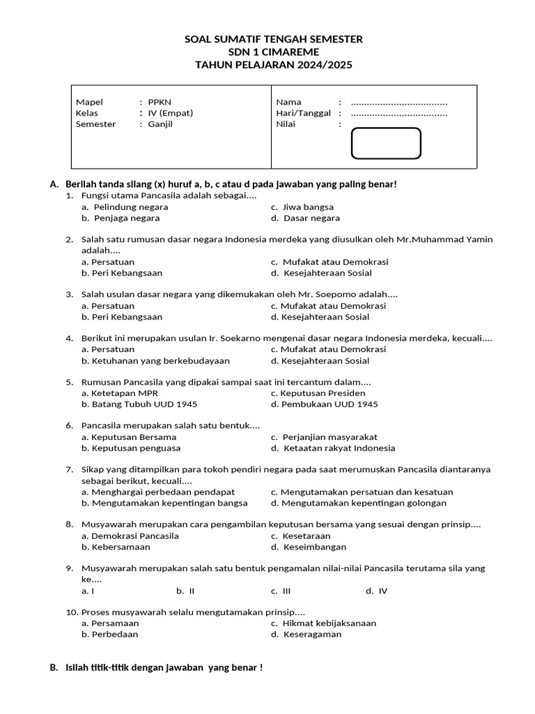 Soal STS 1 PPKN Kelas 4 | PDF
