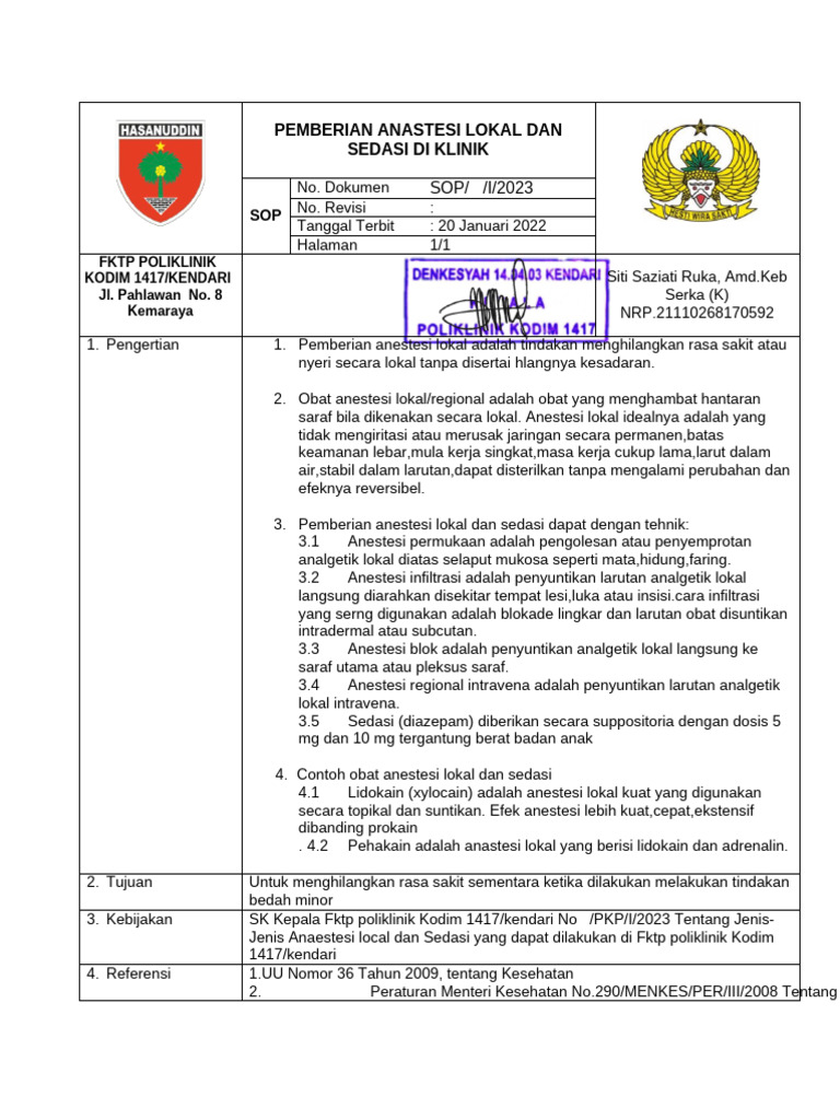 Sop Pemberian Anastesi Lokal Dan Sedasi Di Klinik | PDF