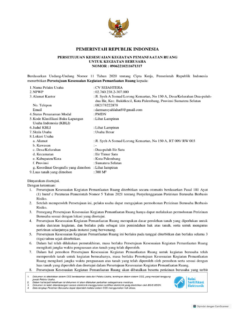 Izin Lokasi Usaha Oss PKPPR CV Sejahtera | PDF