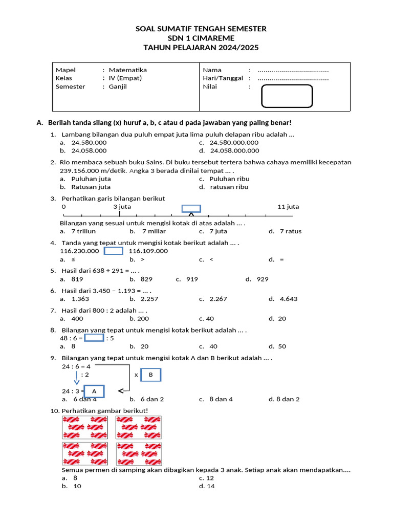 Soal STS 1 MTK Kelas 4 | PDF