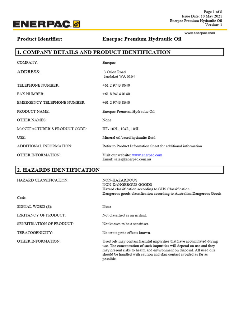HF Oil Safety Data Sheet For HF102L HF104L and HF105L Oil EN-AU | PDF