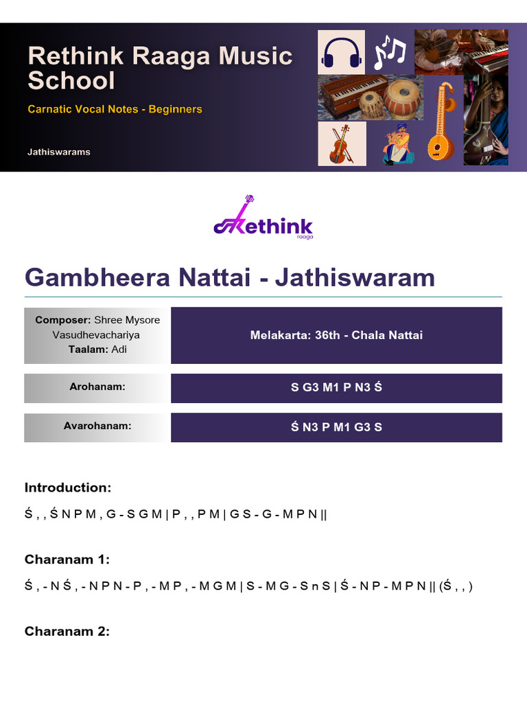 Jathiswaram - Gambheera Nattai - Carnatic Vocal Notes - Beginners | PDF