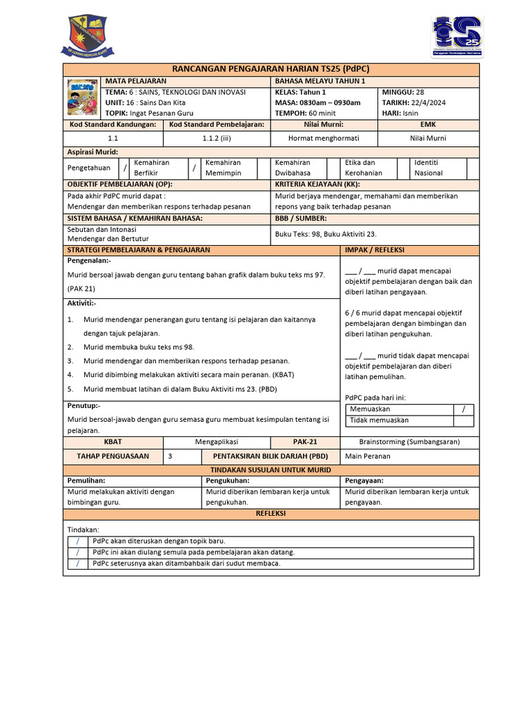 RPH BM Tahun 1 | PDF