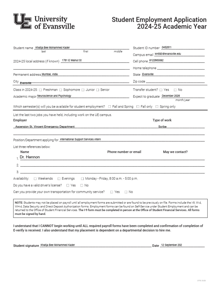 Student Employment Application | PDF