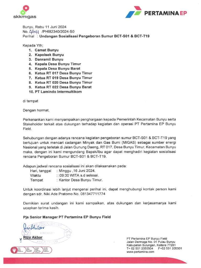 Surat Undangan Sosialisasi Pengeboran Sumur BCT-S01 & BCT-T19. | PDF