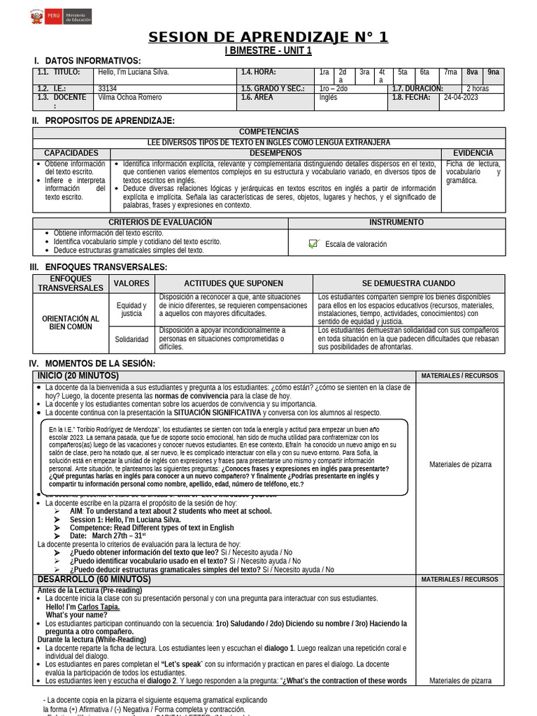 Sesion de Aprendizaje N°1 - Ciclo Vi - Unit 1 | PDF
