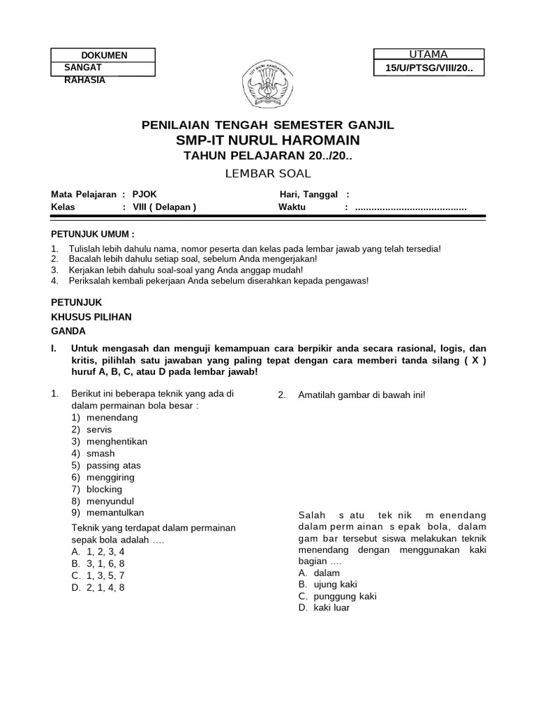 Soal PTS Ganjil 8 - PJOK | PDF | Sports & Recreation