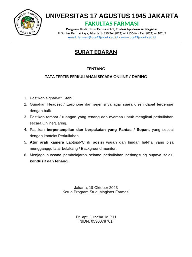 SURAT EDARAN TAta Tertib Kuliah Online | PDF