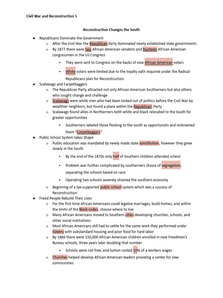 Reconstruction Changes the South Notes | PDF