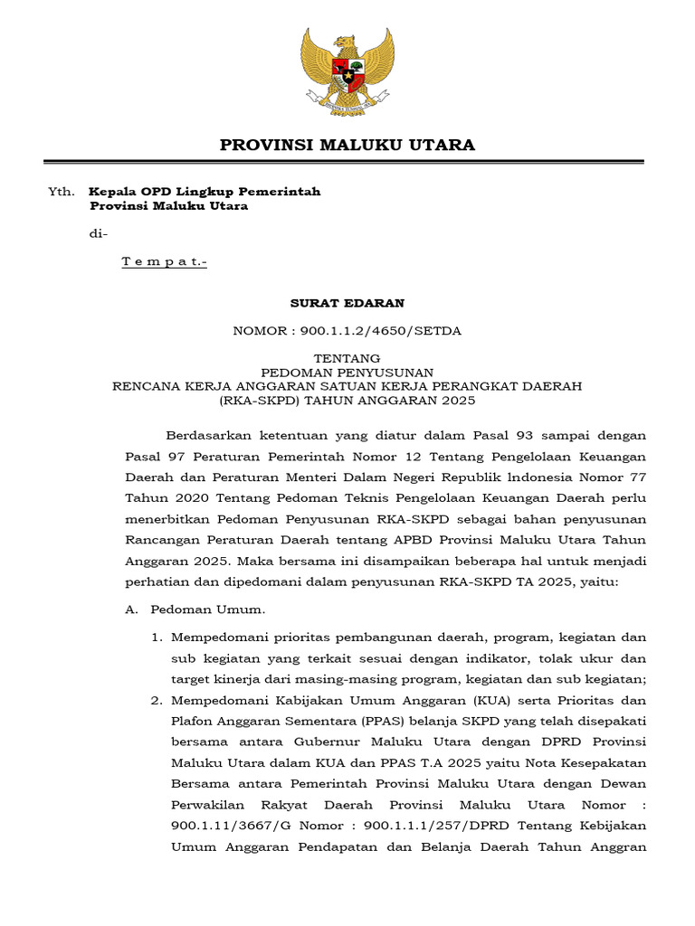 Surat Edaran Gubernur Pedoman Penyusunan Rka T.A 2025 | PDF