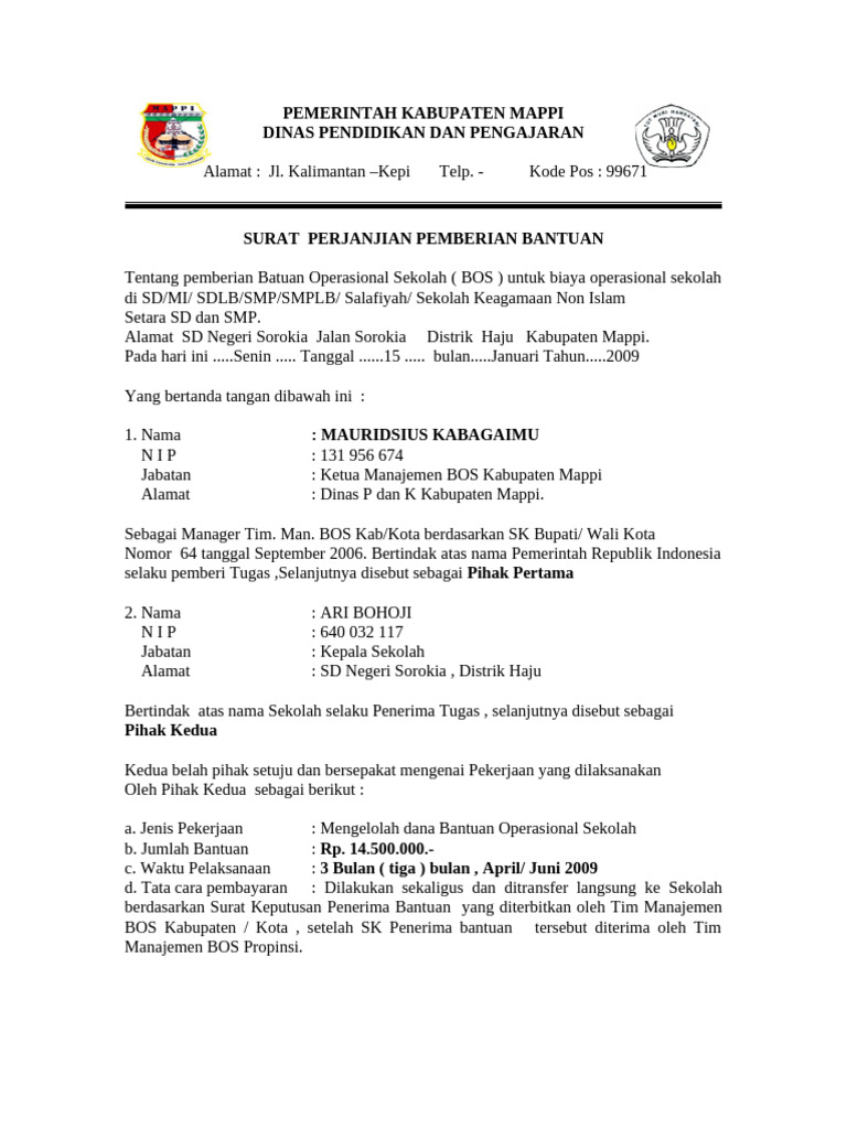 Surat Perjanjian Pemberian Bantuan Bos. | PDF