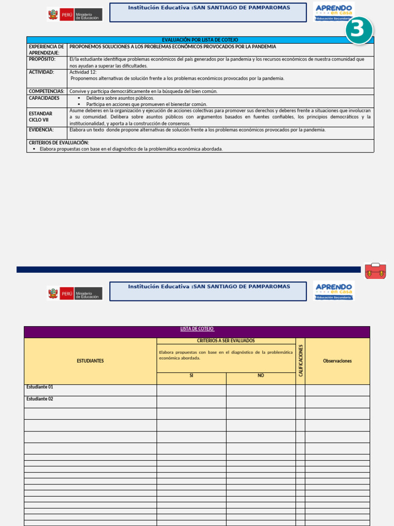 Lista de Cotejo para Evaluar ACTV #12 DPCC 3º SEC | PDF