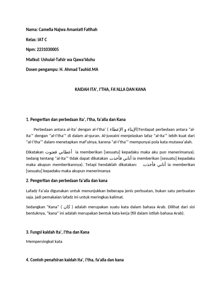 Kaidah Ita', I'tha, Fa'alla Dan Kana | PDF