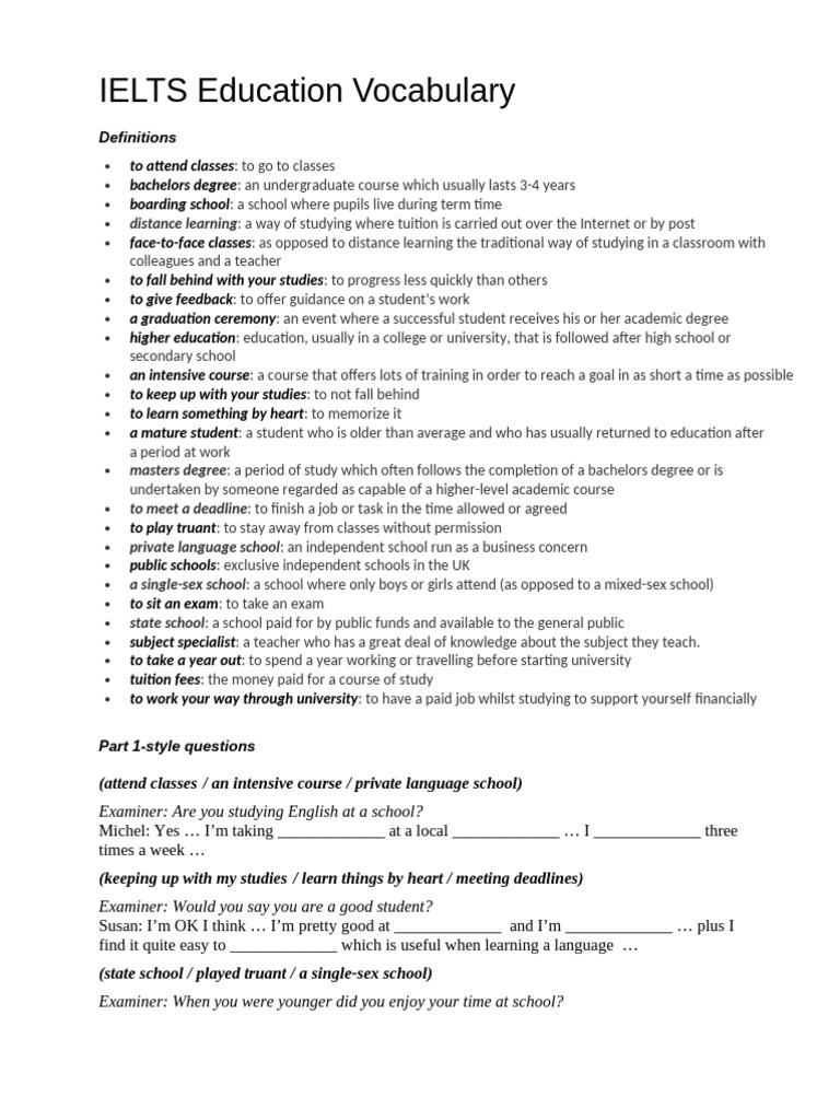 IELTS Speaking Vocabulary - Education | PDF