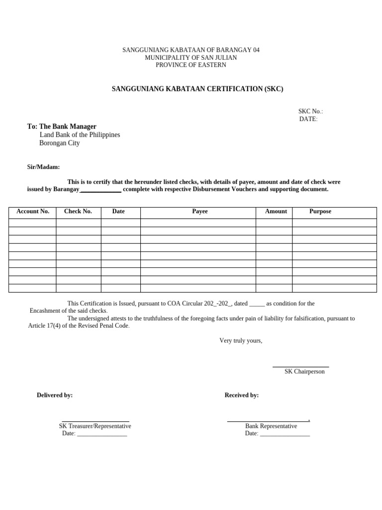 Sangguniang Kabataan Certification SKC 1 | PDF