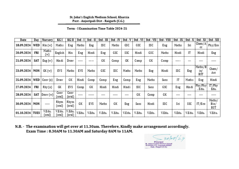 Term - I Exam Time Table 2024-25 | PDF