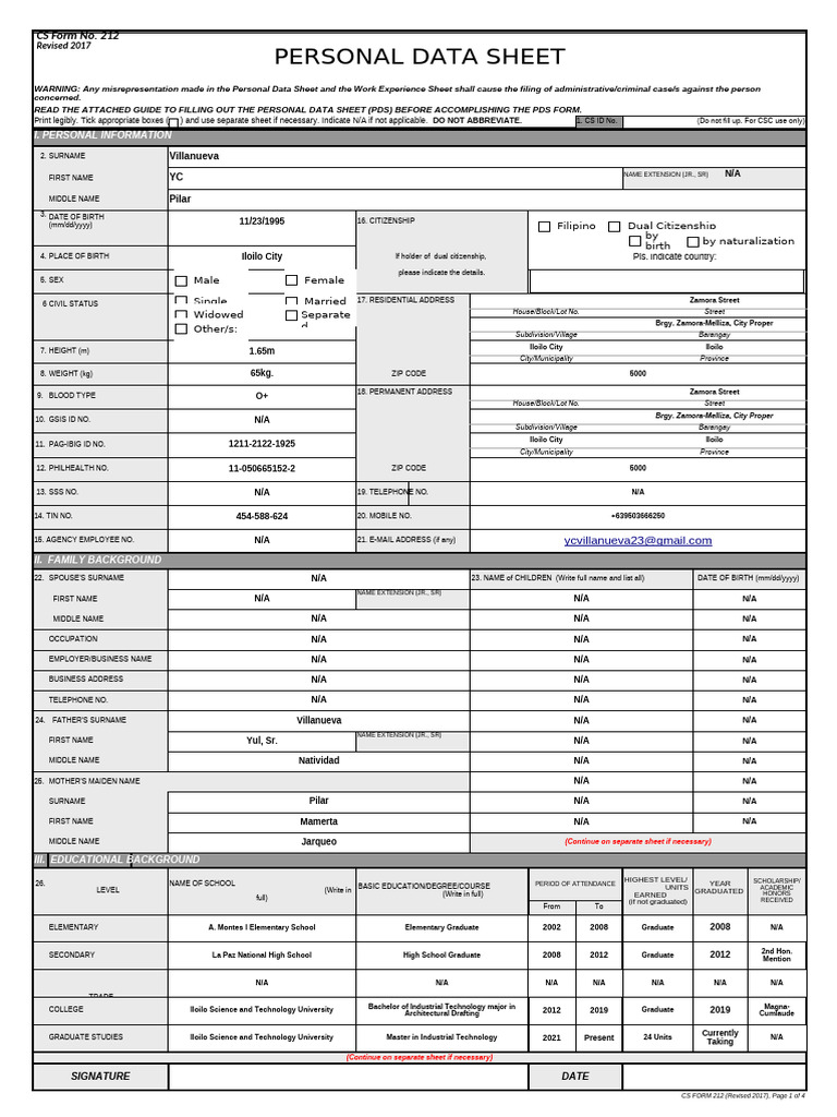 CS Form No. 212 Personal Data Sheet Revised | PDF