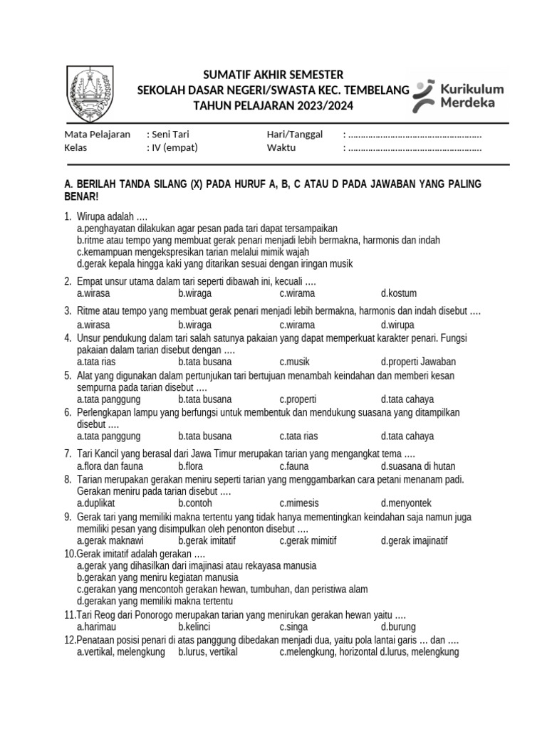 Soal SAS Seni Tari Kelas 4 | PDF Soal SAS Seni Tari Kelas 4 | PDF