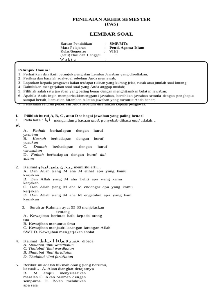 Soal Pai Pas Ganjil 2022 | PDF