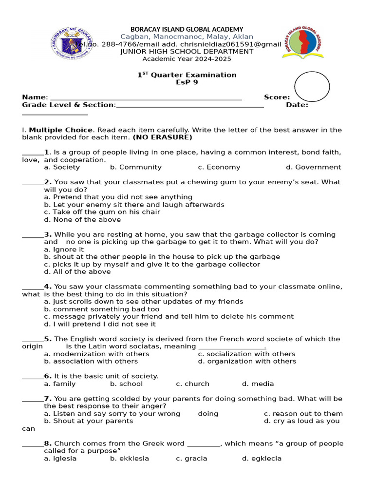 1st Quarter Examination - Grade 9 EsP 2024-2025 | PDF