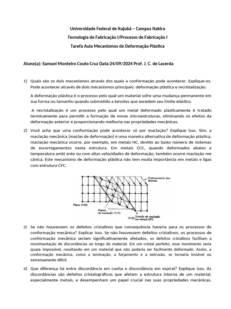 Tarefa Aula Mecanismos de Deformao Plstica | PDF