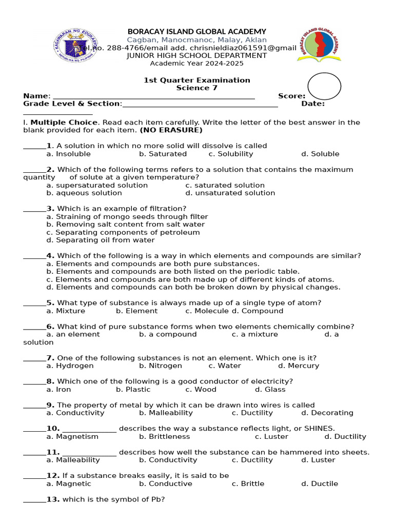 1st Quarter Examination - Grade 7 Science 2024-2025 | PDF