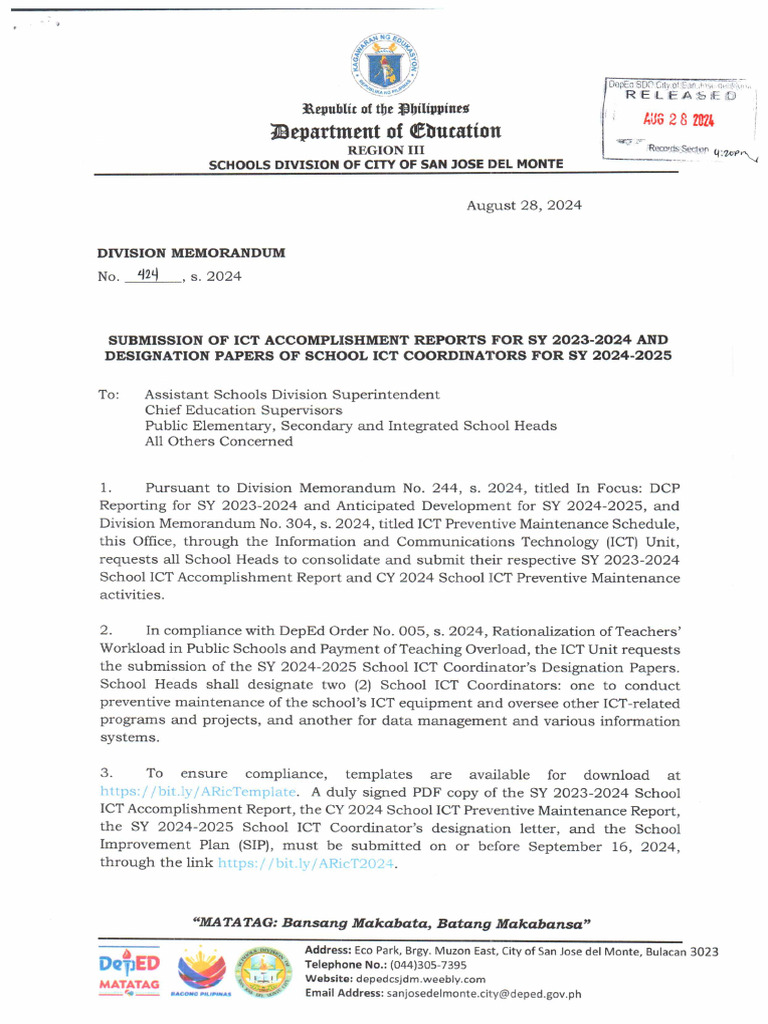 DM No.424 s.2024 - Submission of ICT Accomplishment Reports For SY 2023-2024 and Designation ...