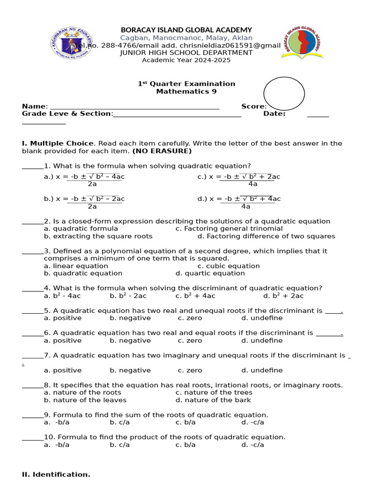 1st Quarter Examination - Grade 9 Math 2024 2025 | PDF