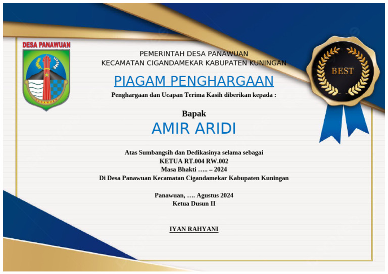 Piagam Penghargaan RT | PDF