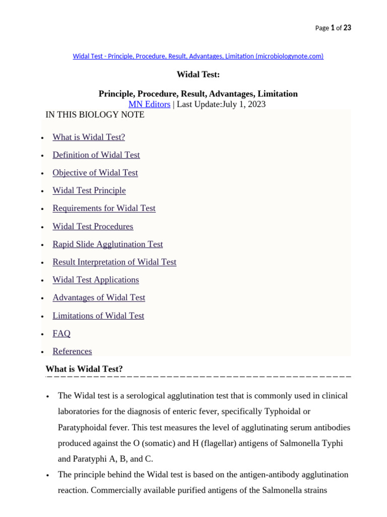 Widal Test MCB | PDF