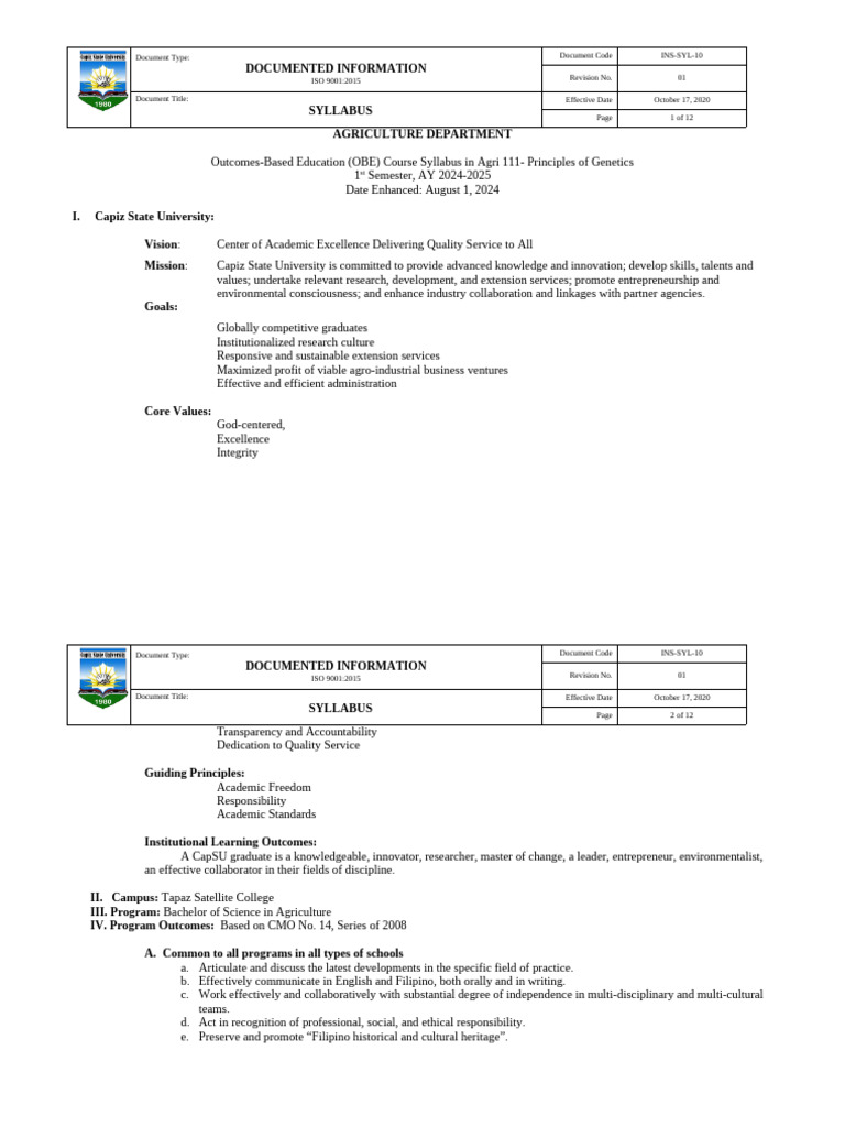 Syllabus in Genetics 2ND 2024 2025 | PDF | Genetic Linkage | Heredity