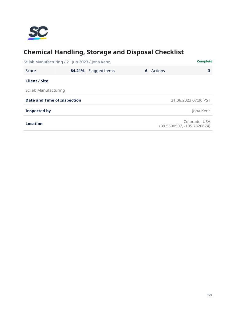 Chemical Handling Storage and Disposal Checklist Sample Report ...