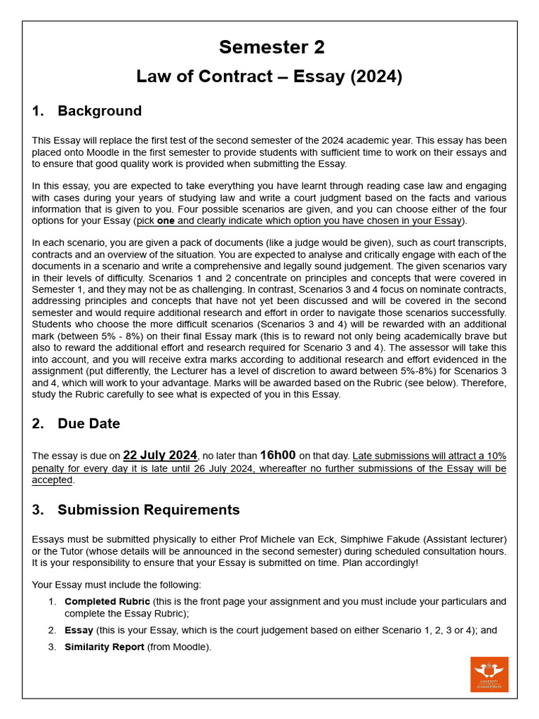 Law of Contract - Essay Instructions (2024) | PDF