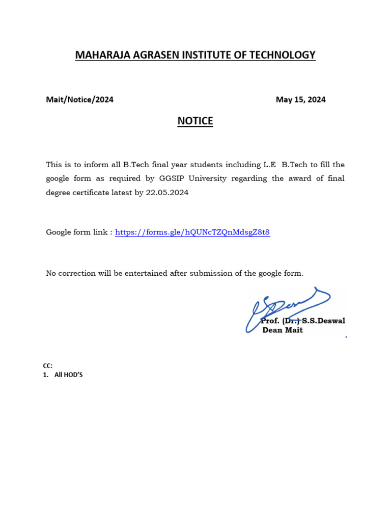 Notice - B.Tech Degree Data | PDF