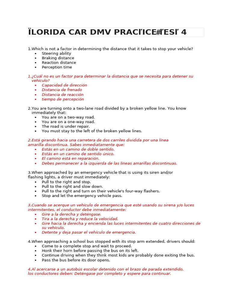 04 ANSWER SHEET - Florida DMV PRACTICE PERMIT TEST | PDF