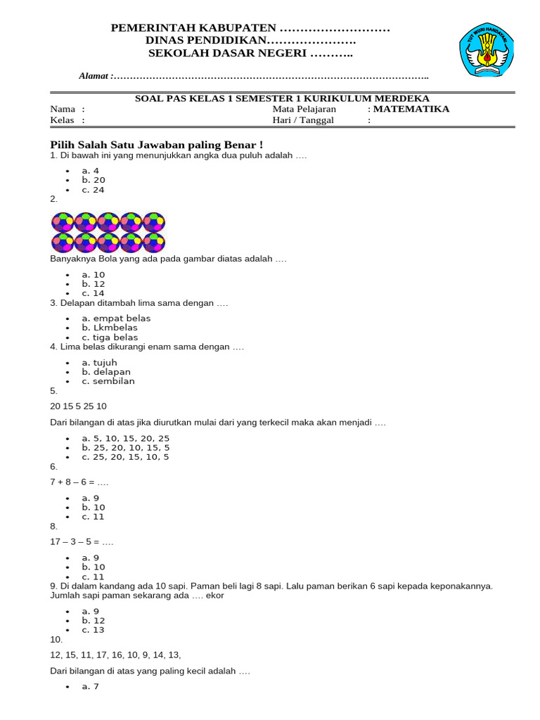 Soal Pas Mtk Kls 1 Sem 1 | PDF
